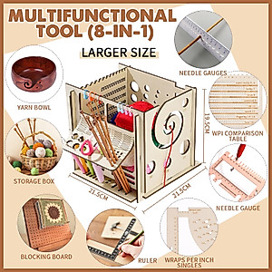 MUCUNNIA All-in-one Wooden Yarn Bowls for Crocheting Knitting Accessories Granny Square Blocking Board Knitting Crochet Needle Gauge Measuring Tool Craft Tool Organizer Gift for Crochet Lovers