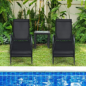 Giantex 2 Pcs Lounge Chairs Patio Furniture, Backyard Lawn Sling Chaise w/Adjustable Back, Folding Recliners for Outdoor, Black