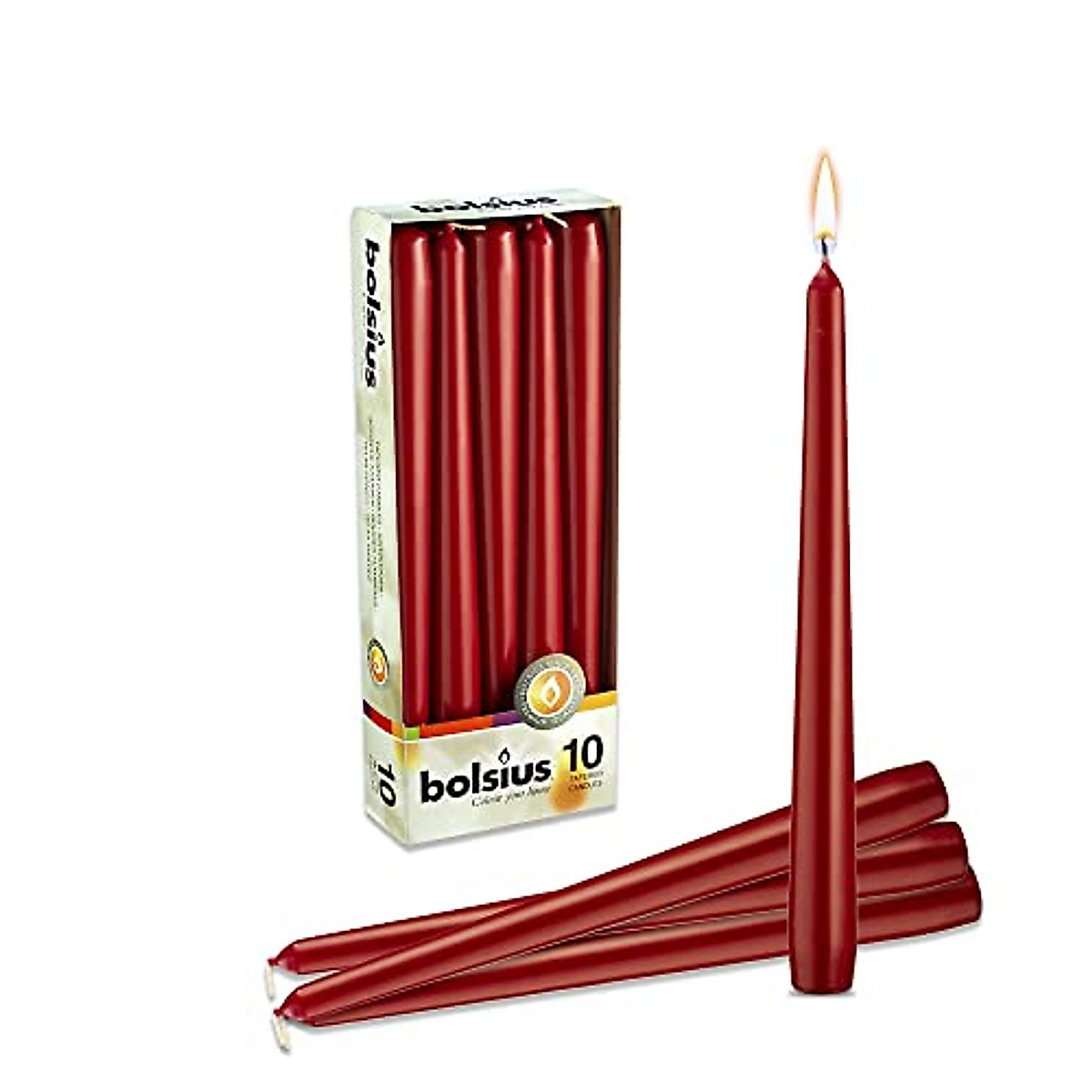 BOLSIUS Dark Red Taper Candles - 10 Inch - 8 Hours Burn Time - 10 Pack Dinner Candle Set - Premium European Quality - Consistent Smokeless Flame - Unscented Dripless Household Candlesticks