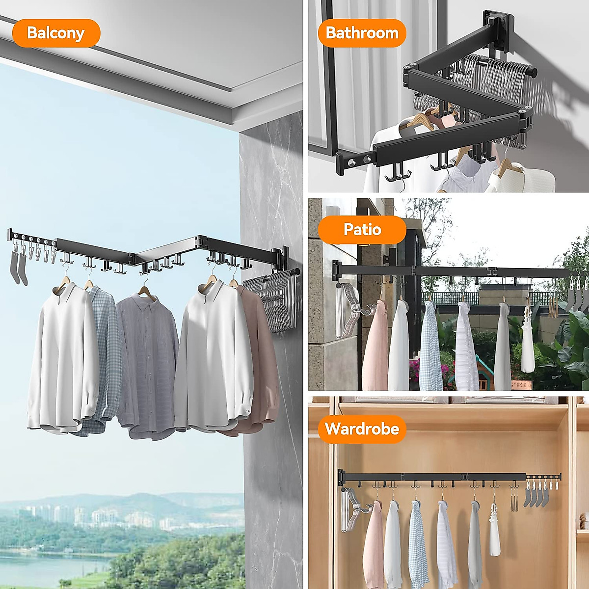 BHeadCat Wall Mounted Clothes Drying Rack, Retractable Drying Rack Clothing with 8-inch Hanging Rod, Collapsible Drying Rack Indoor, Space Saver, for Balcony, Laundry, Bathroom (Tri-Fold)