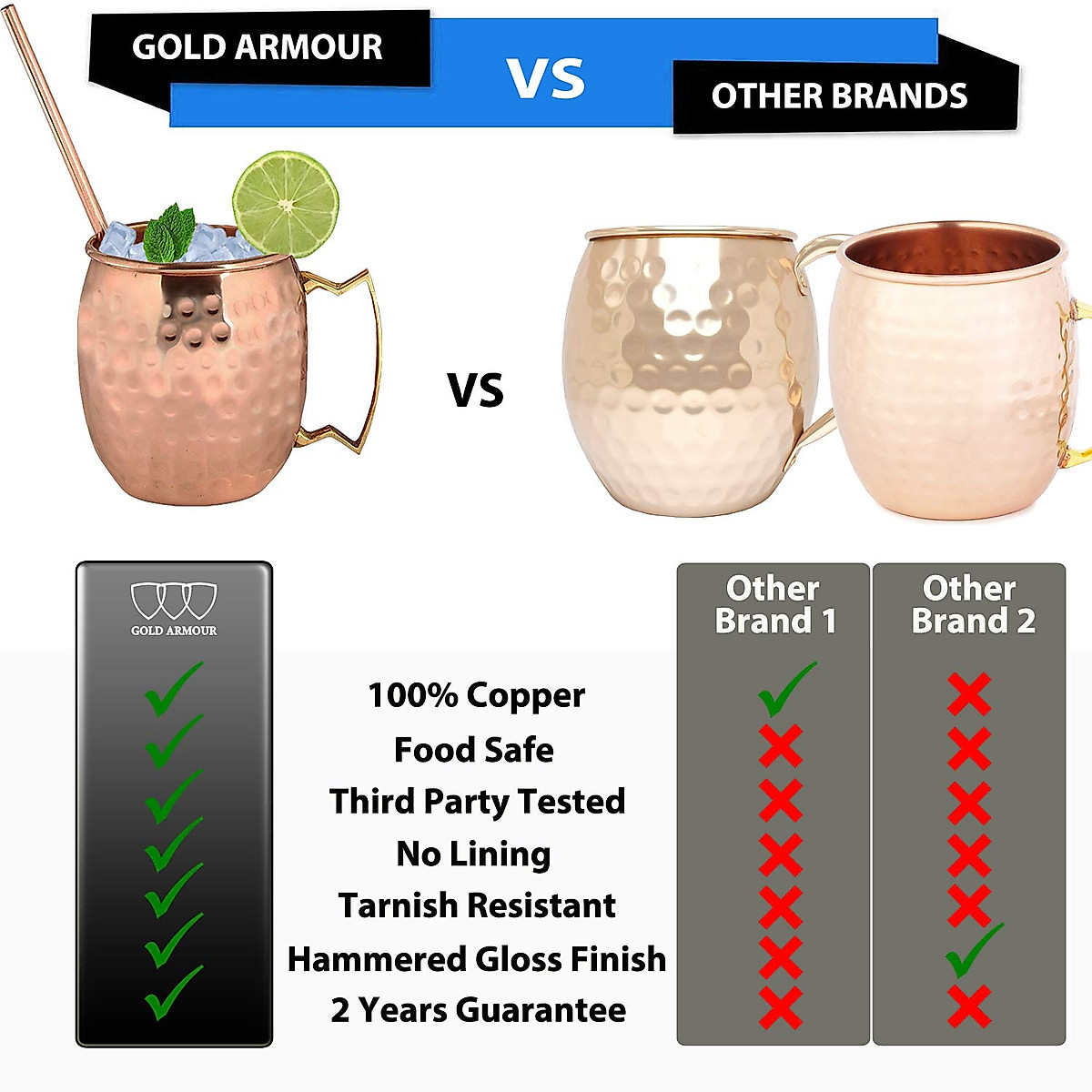 Gold Armour Moscow Mule Copper Mugs - Set of 4-100% HANDCRAFTED Solid Copper Mugs, Gift set with 4 Copper Straws and Jigger