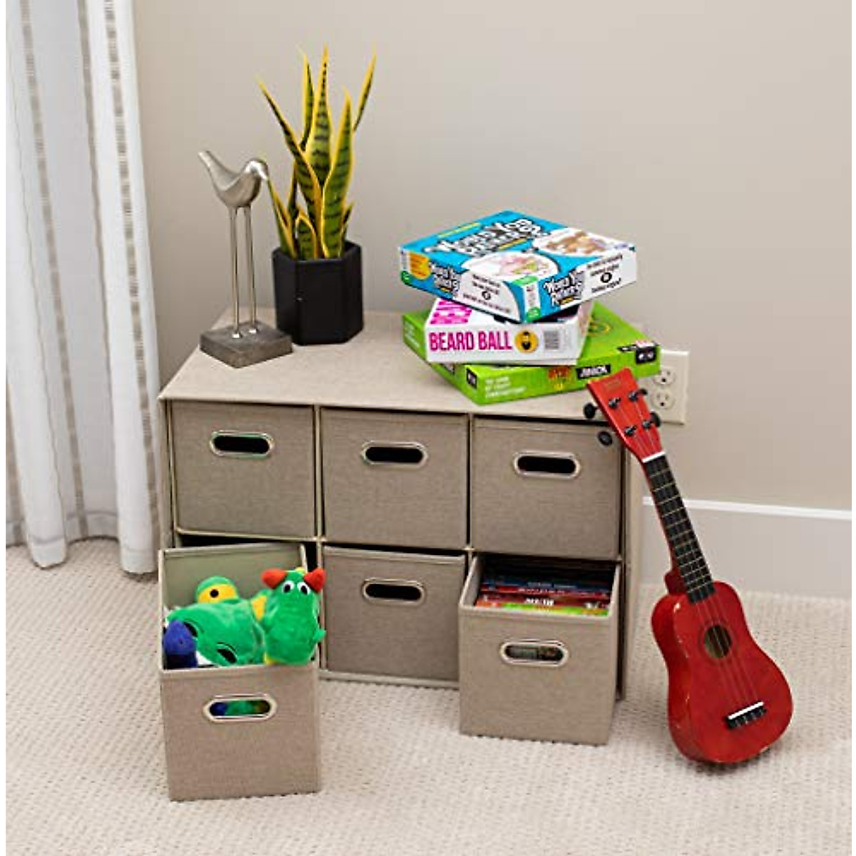 BIRDROCK HOME Cream Linen Cube Organizer Shelf with 6 Storage Bins – Strong Durable Foldable Shelf – Kid Toy Clothes Towels Cubby – Collapsible Bedroom Fabric Shelves and Cubes