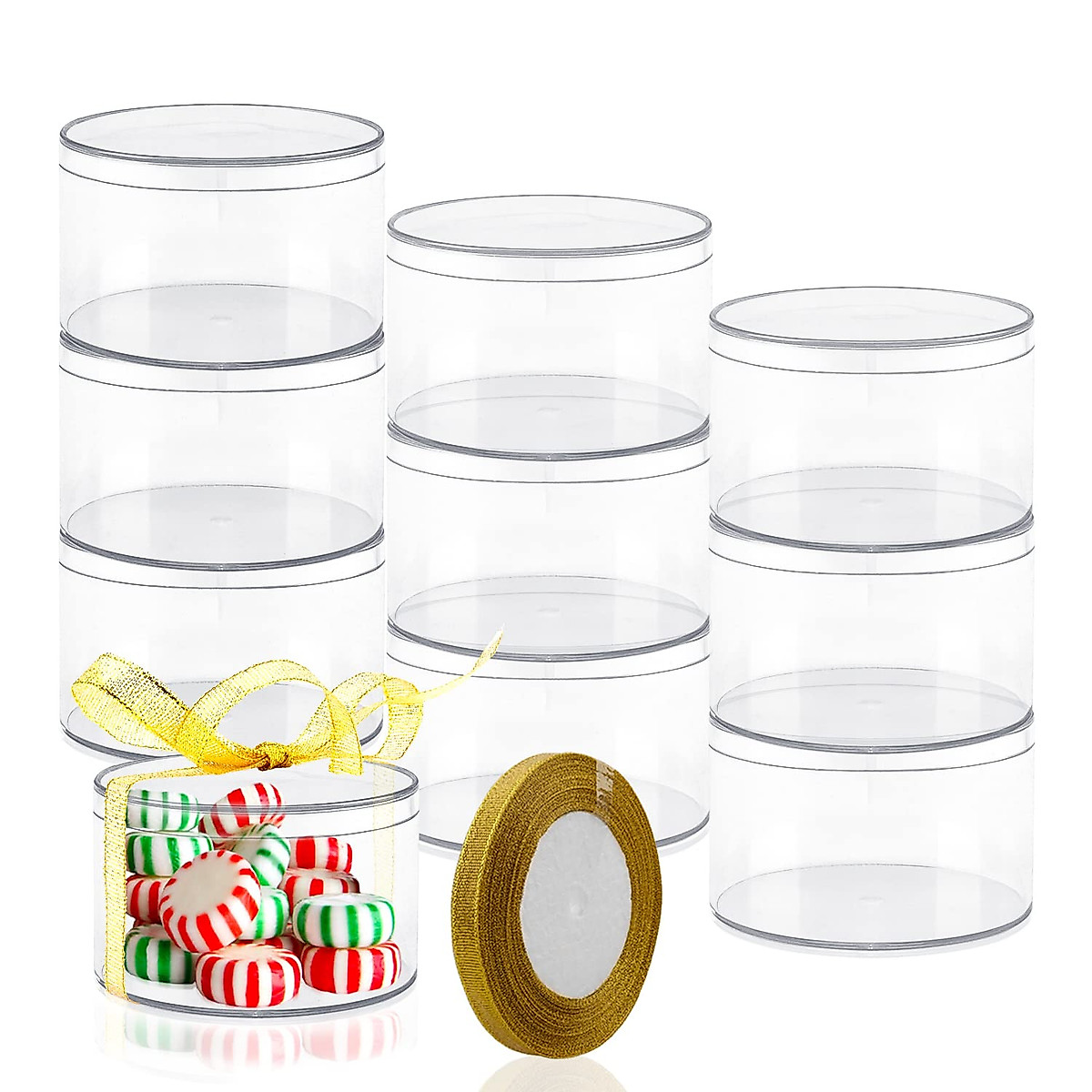 15 Pcs Clear Acrylic Plastic Boxes, 3.11x3.11x2" Small Plastic Box with Lid Transparent Clear Containers Display Boxes Mini Storage Box with Glitter Ribbon for Candy Pill Jewelry, Treats