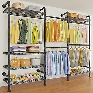 Timate F3 Garment Rack Heavy Duty Clothes Rack for Hanging Clothes, Expandable Industrial Pipe Wall Mounted Clothing Rack, Adjustable Storage Closet Wardrobe Closet Kit Walk in Closet Systems, Black