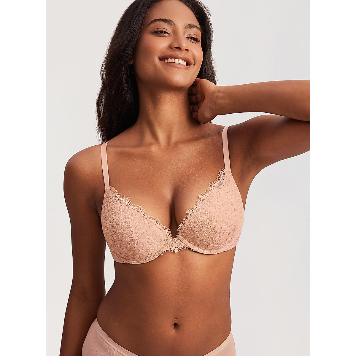 DOBREVA Women's Push Up Bra Eyelash Lace Sexy Cleavage Underwire Support Plunge Bras Blush Beige 32B