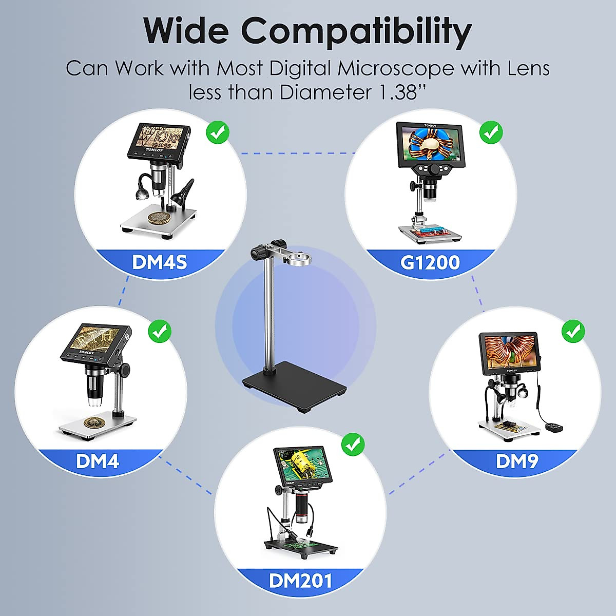 TOMLOV USB Microscope Stand BS01,10 inch Adjustable Microscope Stand Base, Professional Holder Desktop Support Bracket for LCD Digital Microscope, Max 1.38" in Diameter