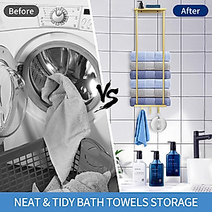 HOTNIU Towel Rack Wall Mounted Bathroom Towel Holder for Rolled Towels, Gold Metal Towel Storage Organizer with Shelf and 3 Removeable Hooks