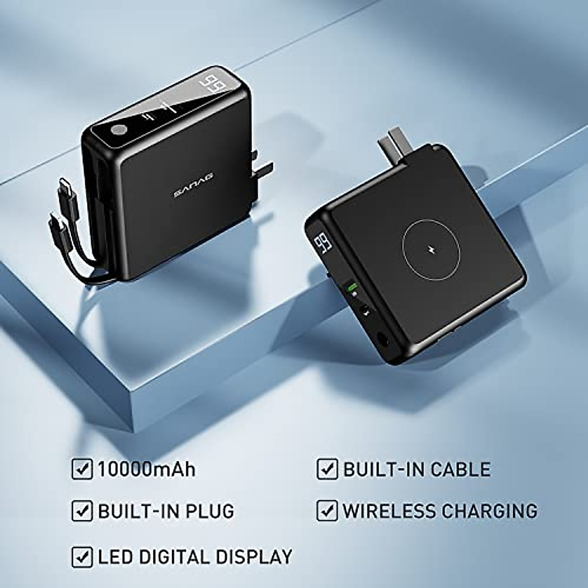 Sanag Portable Charger Power Bank Fast Charging Wireless USB C Wall Charger 10000 mAh for Cell Phones Powerbank with 4 Outputs 2 Inputs LED Display Built-in Wall Plug and Cables