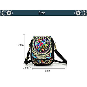 BigBigMe Women Ethnic Embroidered Handmade Mini Canvas Crossbody Shoulder Boho Travel Handbag Cell Phone Purse Wallet, Multicolor, 5.9 * 1.9 * 7.0 inch