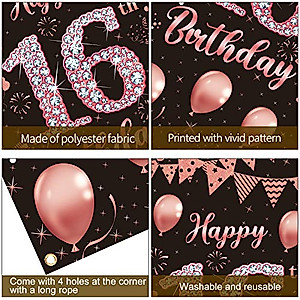 Lnlofen 16th Birthday Door Banner Decorations for Girls, Large 16 Year Old Birthday Party Door Cover Backdrop Supplies, Happy Sixteen Birthday Poster Sign(Rose Gold)
