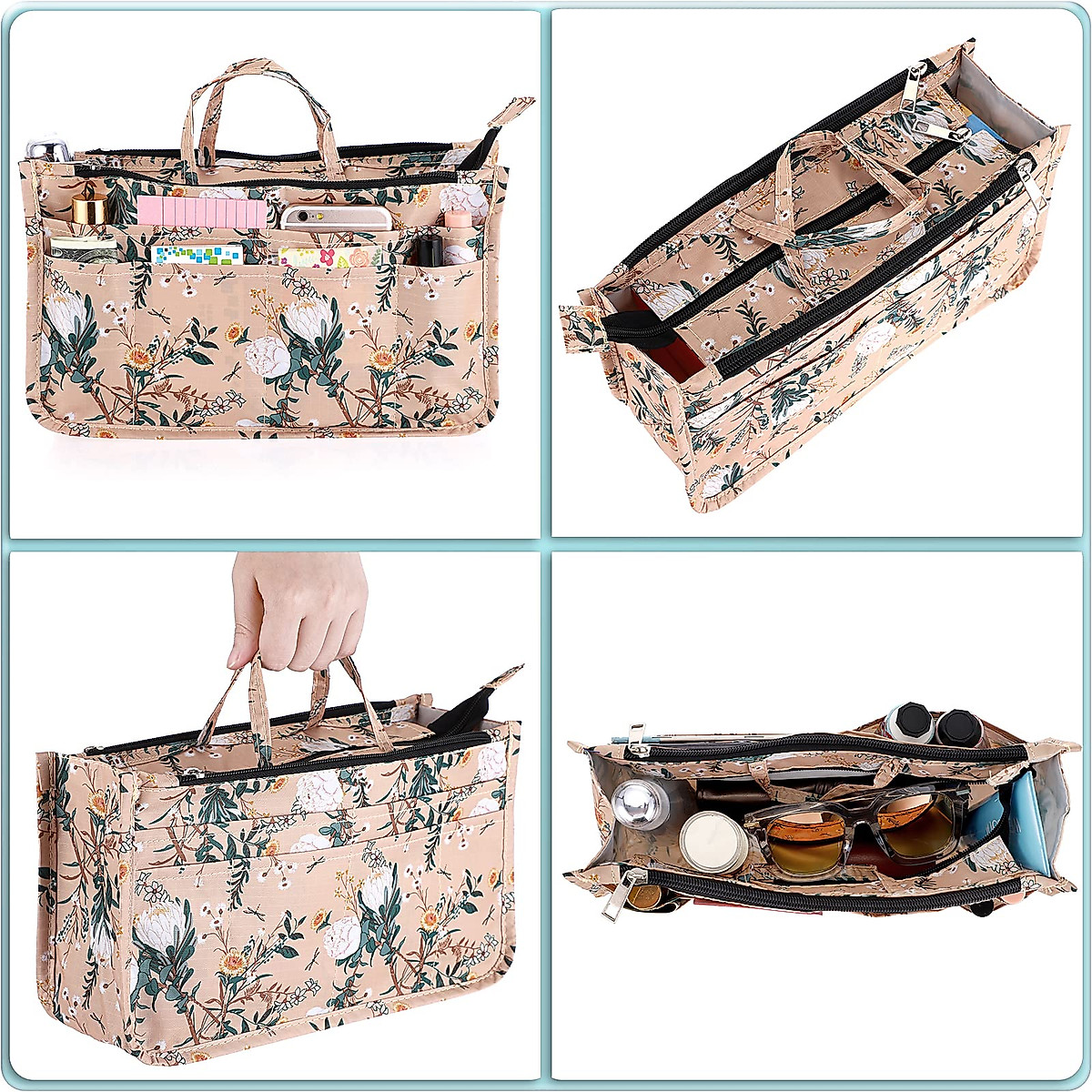 BTSKY Printing Handbag Organizers Inside Purse Insert - High Capacity 13 Pockets Bag Tote Organizer with Handle (White Flower)