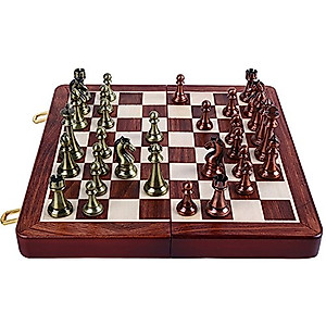 Agirlgle Retro Metal Chess Set with Folding Wooden Chess Board and Classic Handmade Standard Pieces Metal Chess Set for Kids Adult