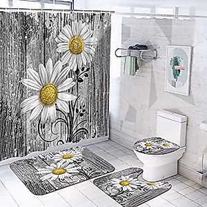 DuoBaorom 4 Pieces Set Daisy Shower Curtain Set Yellow and White Flower Rustic Wood Art on Non-Slip Rugs Toilet Lid Cover Bath Mat and Bathroom Curtain with 12 Hooks 72x72inch
