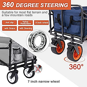 Collapsible Wagon with Big Wheels,Portable Folding Beach Wagon Cart with 330Lbs Capacity,Heacy Duty Utility Foldable Wagon Cart with Aluminum Table and Gate Open Desgin for Camping,Garden(Navy Blue)