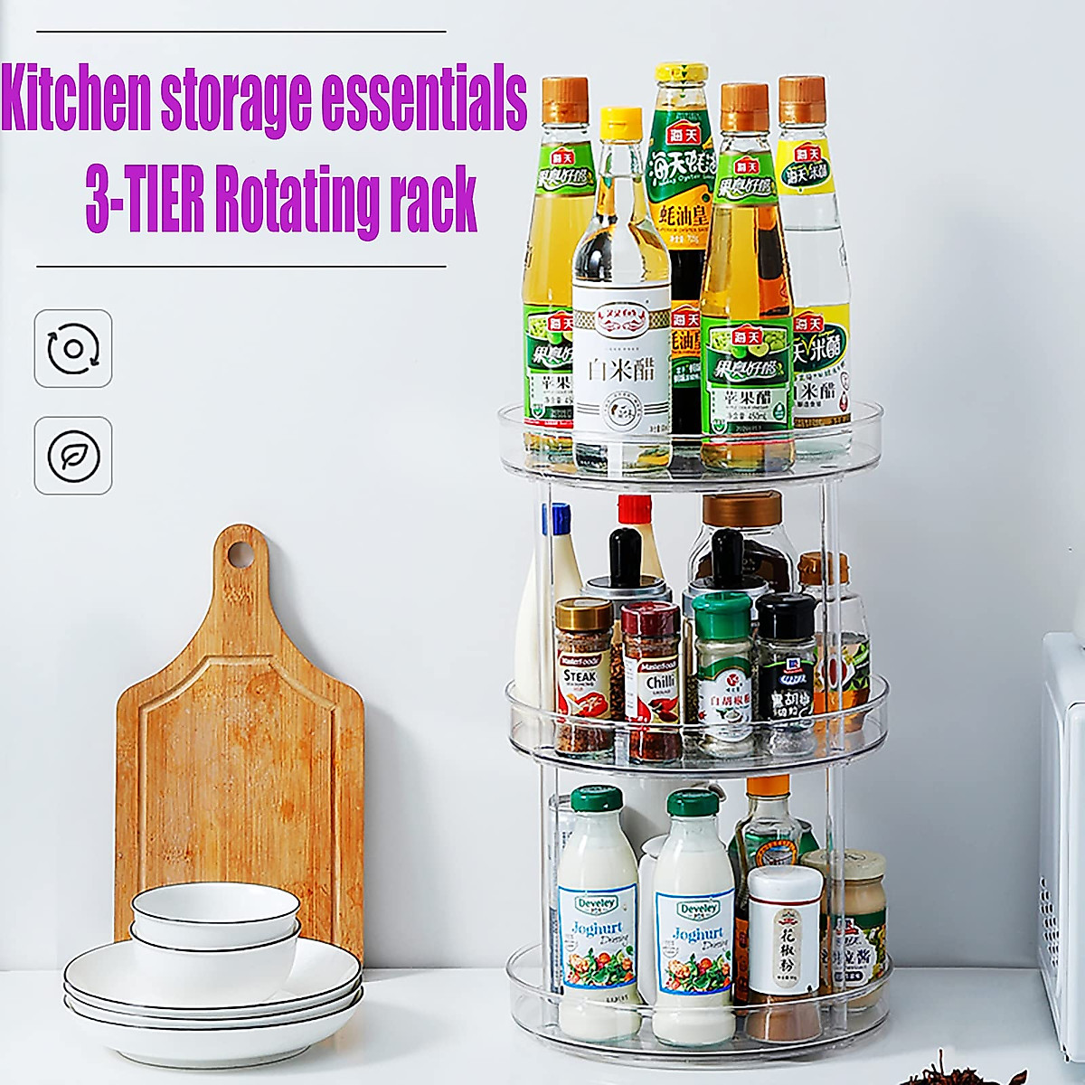 3 Tier Lazy Susan Organizer, Raised Edge Swivel Organizer for Spices, Condiments, Round Clear Turntable Organizer for Cabinets, Countertops, Bathroom, Refrigerator, Dining Room Organizer,9.5 Inches