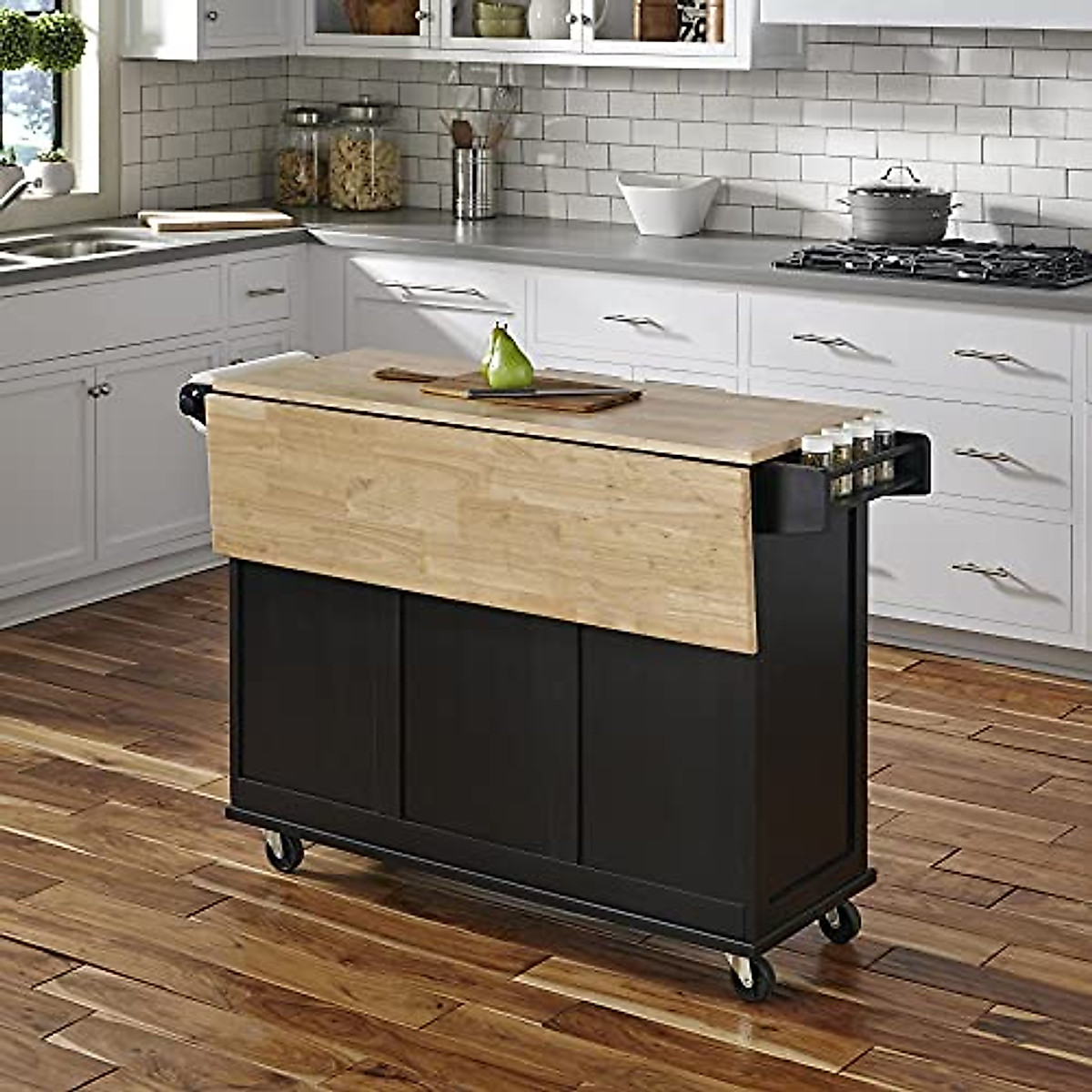 Homestyles Dolly Madison Kitchen Cart with Wood Top and Drop Leaf Breakfast Bar, Rolling Mobile Kitchen Island with Storage and Towel Rack, 54 Inch Width, Black