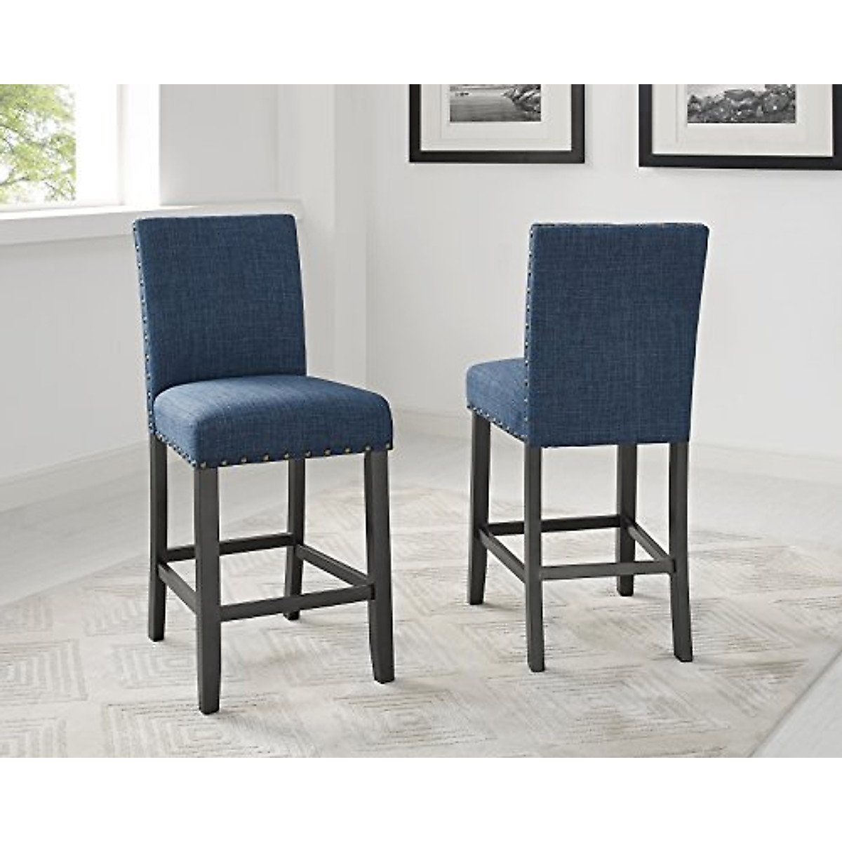 Biony Blue Fabric Counter Height Stools with Nailhead Trim, Set of 2