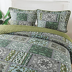 NEWLAKE Cotton Bedspread Quilt Sets-Reversible Patchwork Coverlet Set, Green Classic Bohemian Pattern,Queen Size