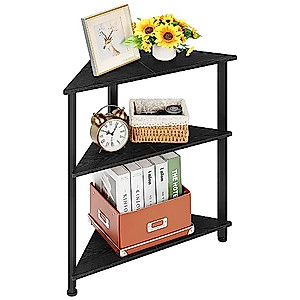 Fogein 3 Tier Corner Shelf, Triangle End/Side Table, Corner Nightstand, Corner Bookshelf with Metal Frame Corner Shelf Stand for Small Space Living Room(Black)