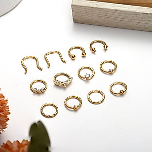 YADOCA 12PCS 16G Septum Rings Surgical Steel Septum Nose Piercing Jewelry Septum Clicker Nose Rings Hoops for Women Men Horseshoe Daith Helix Tragus Lip Cartilage Earrings Gold 10MM