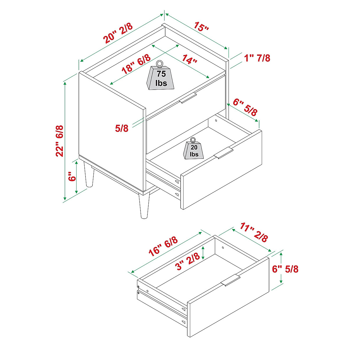 Walker Edison Blythe Mid-Century Modern Tray-Top 2-Drawer Nightstand, 20 Inch, Natural Pine