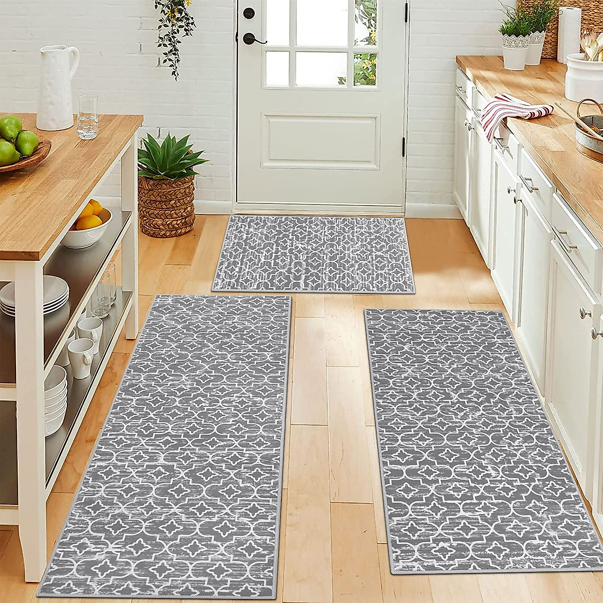 Ileading Kitchen Rugs Sets 3 Piece with Runner Soft Boho Kitchen Floor Mat Farmhouse Laundry Room Rugs and Mats Set Non Skid Washable for Kitchen Floor Office Sink Hallway