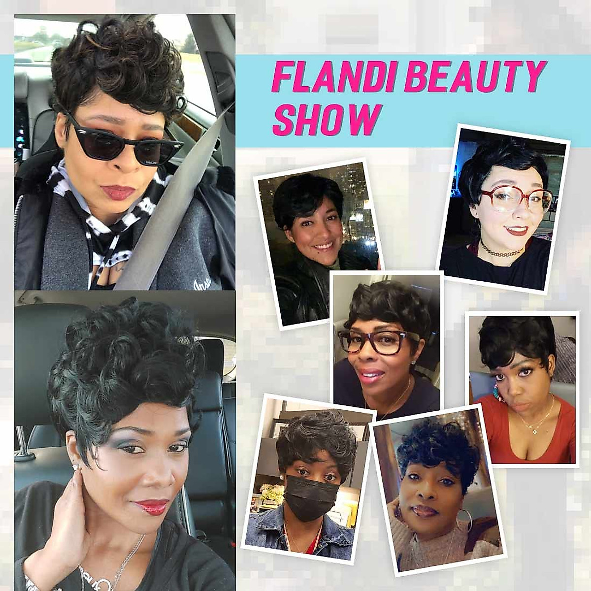 Flandi Short Pixie Cut Wigs for Black Women Natual Black Curly Pixie Wigs with Bangs Short Wigs Human Hair Wigs Short Curly Layered Pixie Wig for Women (Short Pixie Wavy 1B#)