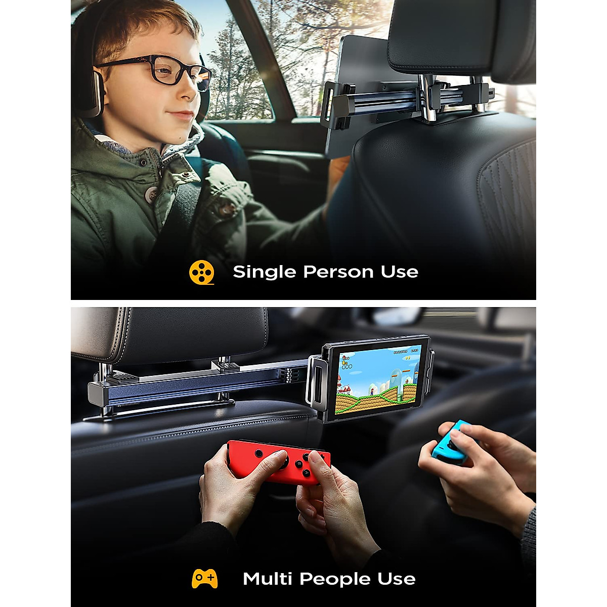 LISEN iPad Car Holder Back Seat iPad Holder for Car Tablet Mount Headrest Travel Accessories Road Trip Essentials for Kids Adults Fits All 4.7-12.9" Devices & Headrest Rod (Black)