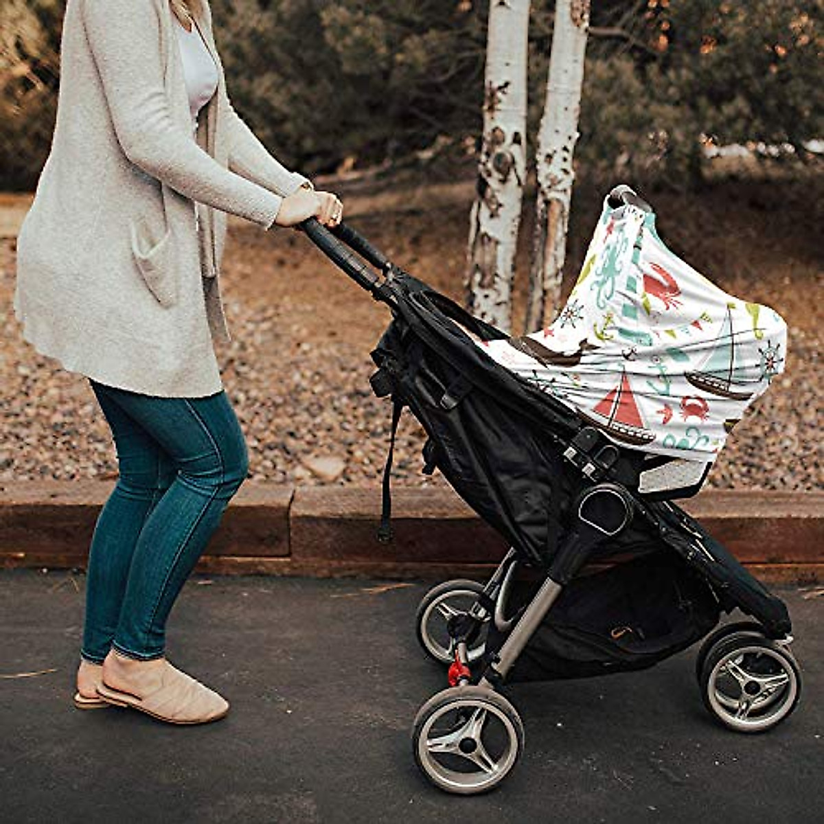 Nautical Ultra-Soft Baby Car Seat Cover for Spring Autumn Winter, Windproof Shopping Cart Covers, Breastfeeding Scarf High Chair Covers - Cute Marine Life Sailing Houselight