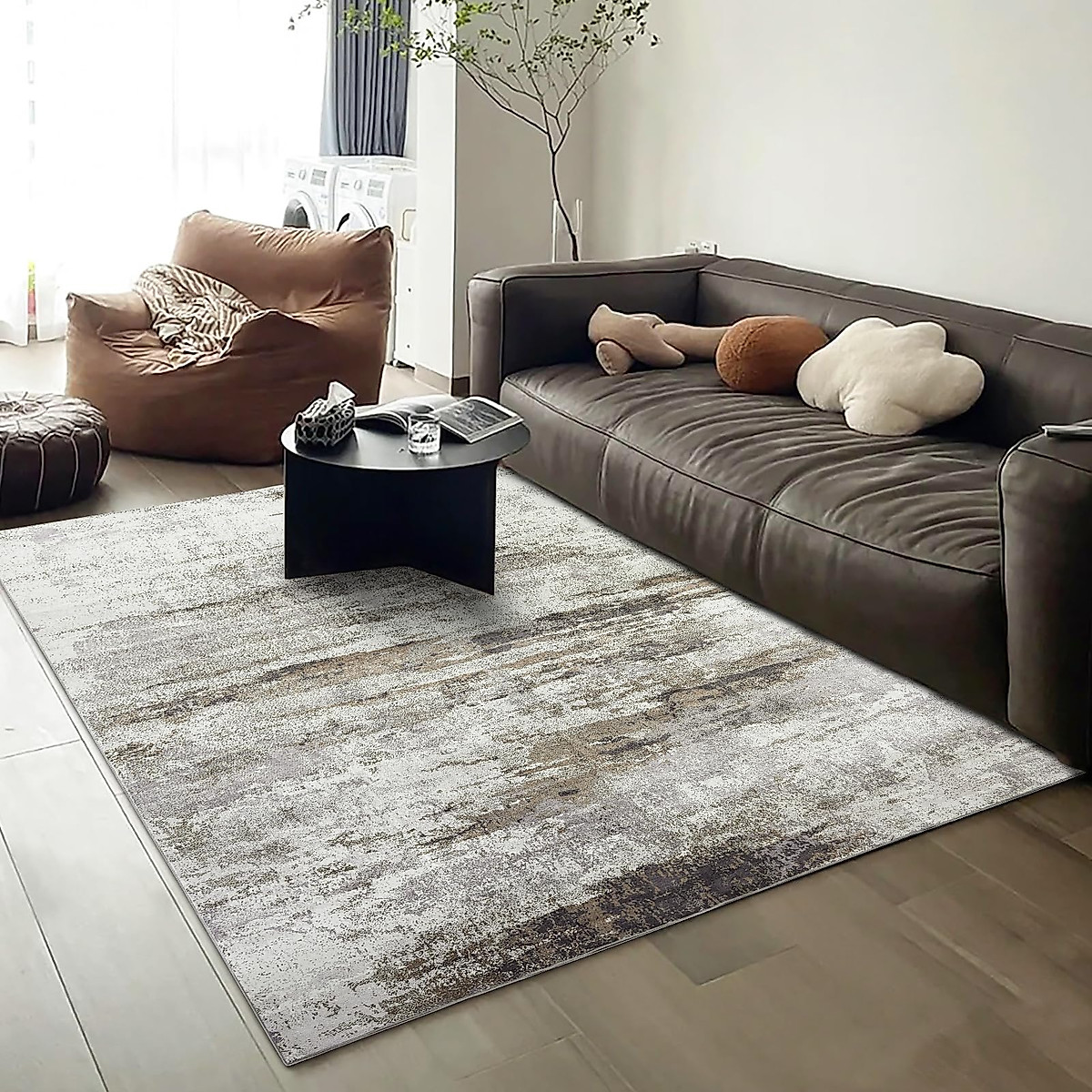 OMERAI Washable Rug 8'x10' Abstract Machine Washable Rugs Ultra-Thin Area Rugs for Living Room Non Slip Stain Resistant Modern Large Carpet for Bedroom Dining Room Office Brown Rug Washable,(Brown)