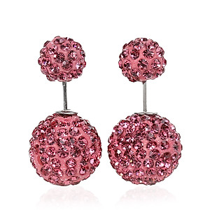 Sexy Sparkles Clay Earrings Double Sided Ear Studs Round Pave Pink Rhinestone with Stoppers (Pink)
