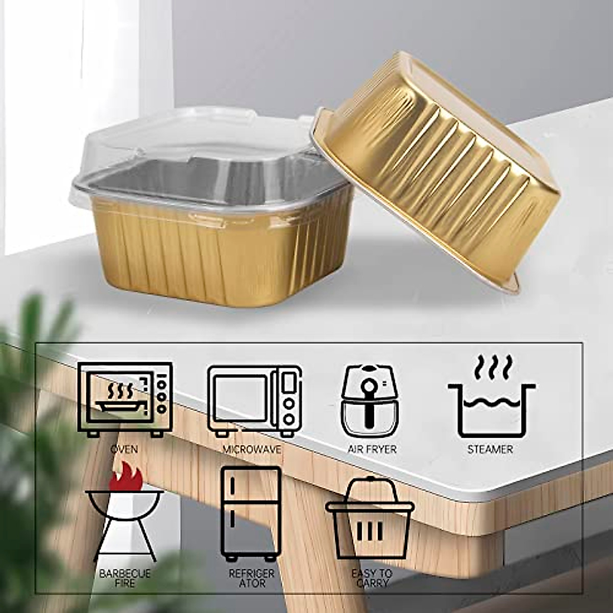 50 Pcs Mini Square Baking Cups with Lids,5oz Aluminum Foil Mini Cake Pans with Lids,Disposable Ramekins Cake Pans,150ml Dessert Cups Cupcake Pans for Wedding Birthday Party,Gold
