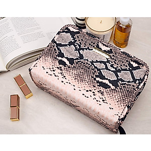 ROWNYEON Lipstick Organizer Bag Case Lipstick Holder 67 Slots Snake Print Portable Travel Makeup Bag Cosmetic Case Lipstick Carrying Case Makeup Storage Bag Case For Lip Gloss,Mascara-Pink PU Leather