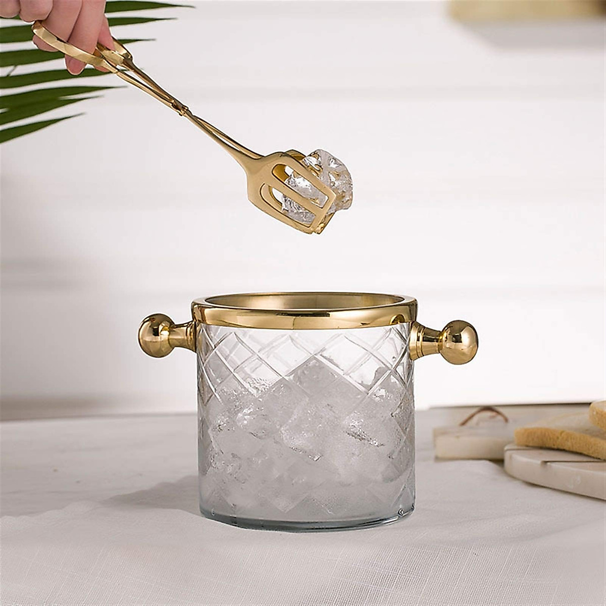 SOSSEG Ice Bucket, Ice Bucket, Handmade Glass ice Bucket with ice Clip Dining Table Cooler Wine Wine Rack ice Bucket Champagne can Cooler Wine Chiller Bucket