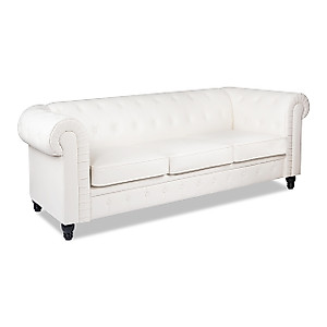 Naomi Home Emery Chesterfield Sofa with Rolled Arms, Tufted Cushions / 3 Seater Sectional Sofa Couch for Small Spaces, Living Room, Bedroom, Apartment Easy Tool-Free Assembly - White, Air Leather