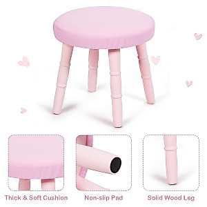 GOFLAME Kids Vanity Set, Princess Dressing Table Set, Wooden Dresser, Little Girls Makeup Table and Stool Set, Pretend Beauty Play Set with Real Mirror, Pull-Out Drawer and Cushioned Stool (Pink)