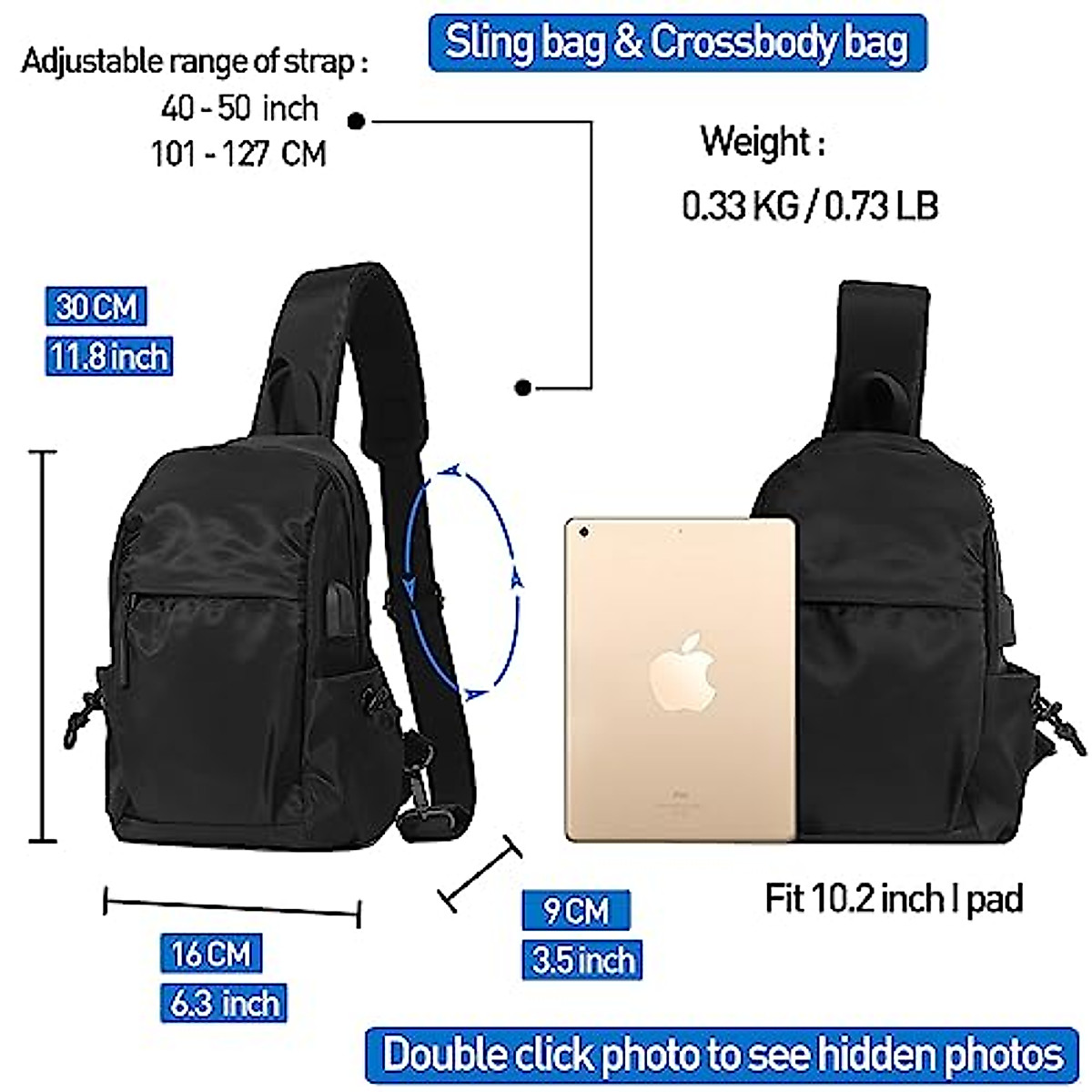 Small Black Sling Crossbody Backpack Shoulder Bag for Men Women, Waterproof Lightweight One Strap Backpack Sling Bag Backpack for Hiking Walking Biking Travel Cycling USB Charger Port-Nylon