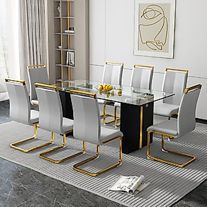 71 in Glass Dining Table Set for 8, Modern Tempered Glass Table Top with MDF Frame & 8 Leather Ergonomic Chairs, Kitchen Table and Chairs for 8