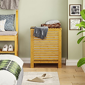 VIAGDO Laundry Hamper with Lid, 120L Large Divided Clothes Hamper, Bamboo Laundry Basket with 2 Sections Removable Liner Bag, 17.7x17.7x25.8 Inches, Natural