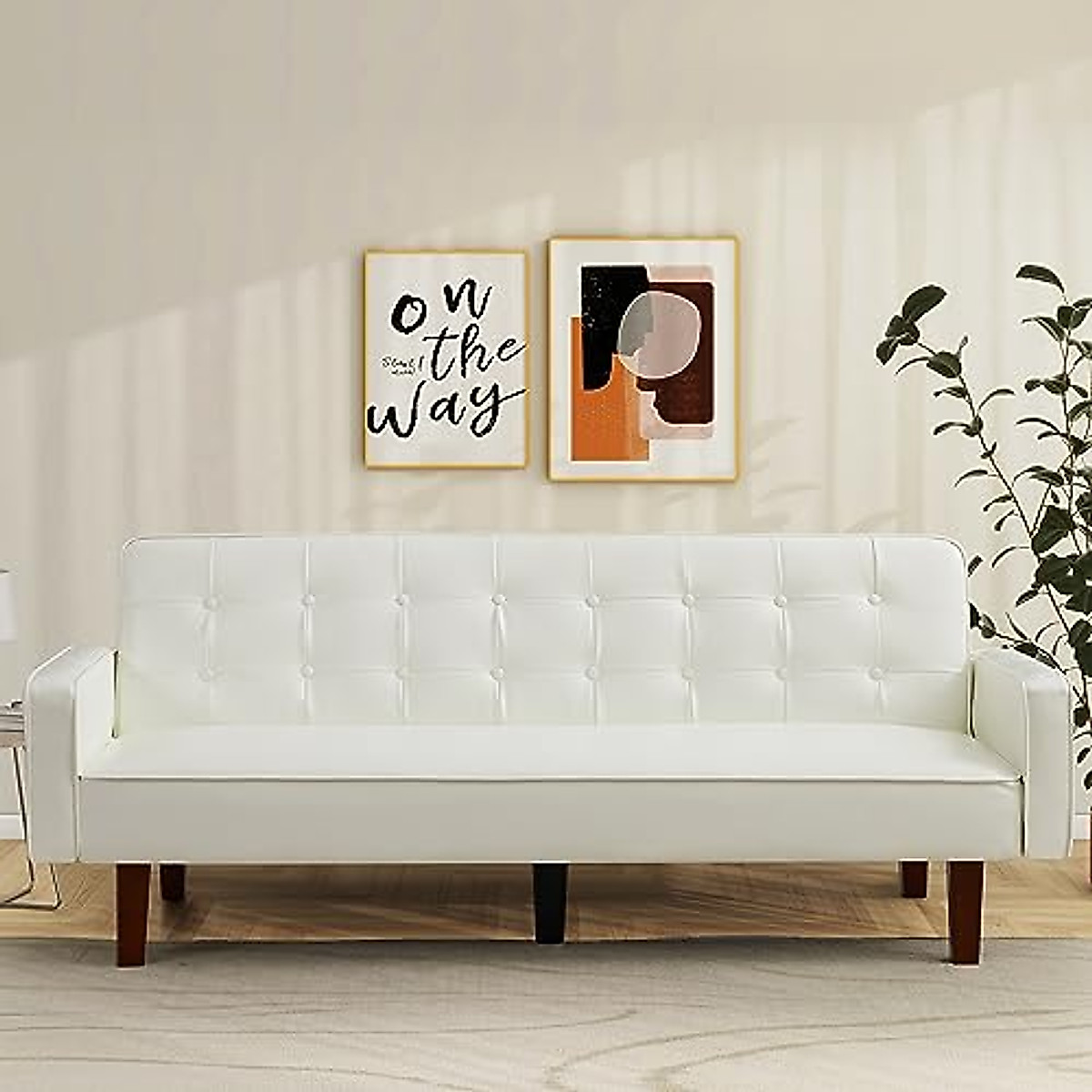 IULULU Futon Sofa Bed, Modern Convertible Faux Leather Sleeper Couch with Armrests for Studio, Office, Apartment, Compact Living, Game Room, Overnight Guests, White