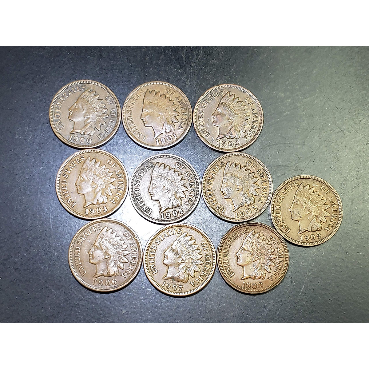 1900 No Mint Mark 1901 1902 1903 1904 1905 1906 1907 1908 1909 Complete Decade U.S. Indian Head Cents - 10 coins Penny Seller All Better Grades With Full LIBERTY