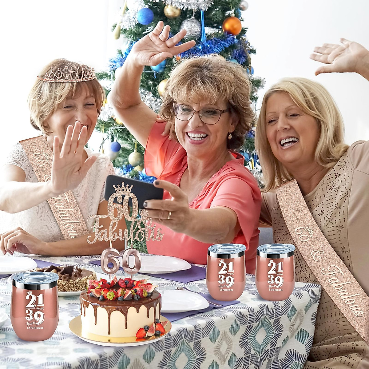 60th Birthday Decorations Gifts for Women Including Crown, Sash, Cake Topper, Candles and 12oz Wine or Coffee Tumbler Mug with Lid, Gifts for 60 Year Old Woman