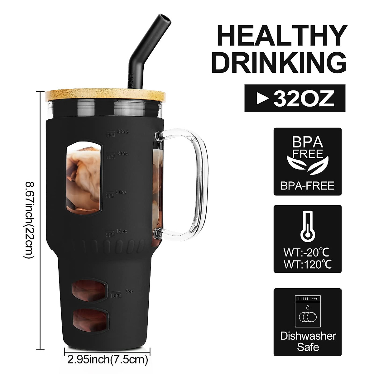 AeKahtay 32 oz Glass Tumbler with Handle, Glass Water Bottle with Lid and Straw, Iced Coffee Cup, Reusable Large Capacity Drinking Glass, Fits Most Cup Holders For Office Home Fitness
