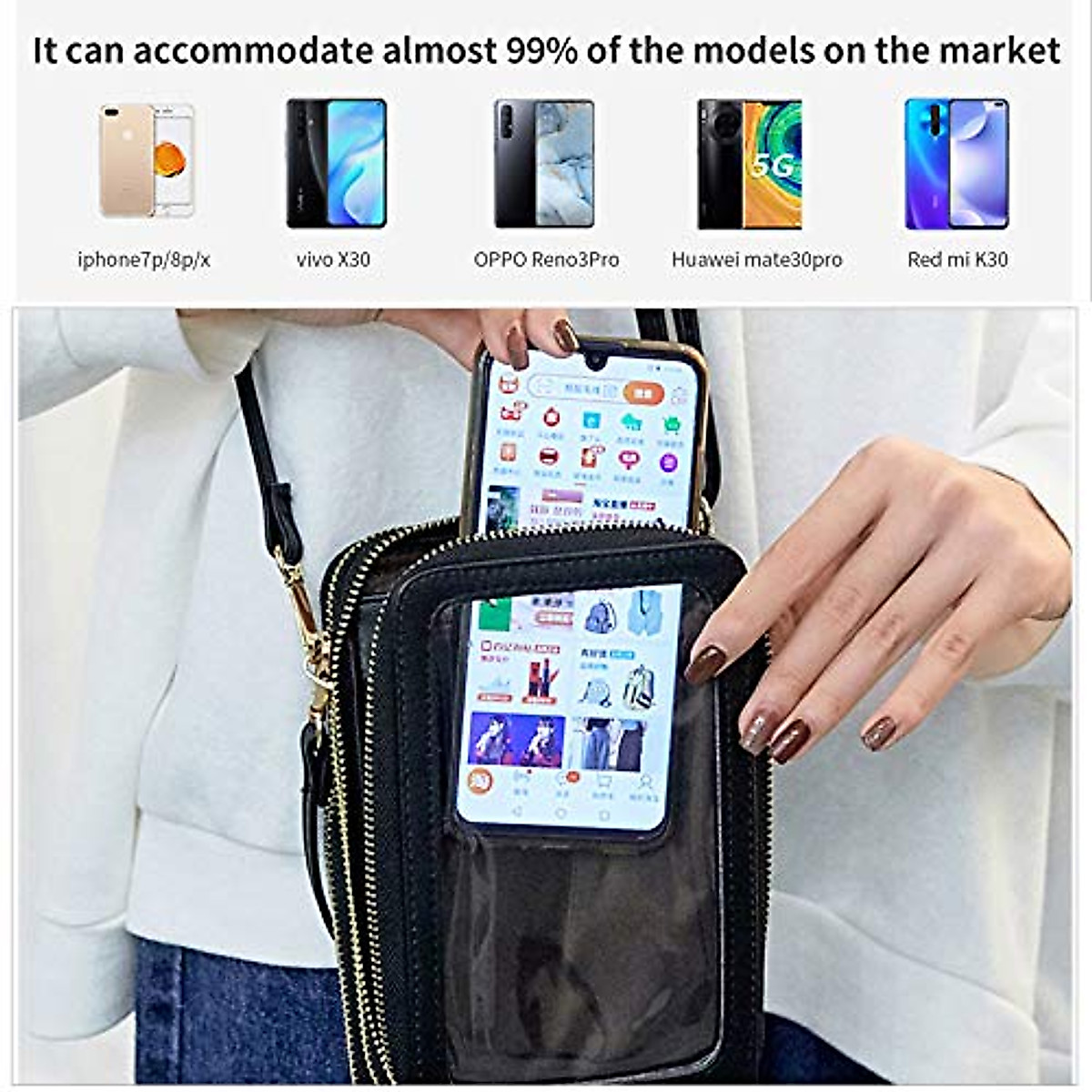 Touch Screen Crossbody Cellphone Purse, RFID Blocking Wallet Adjustable Straps Handbag PU Leather Shoulder Bag with Card Slots Multiple Zipper Closure for Women (Black)