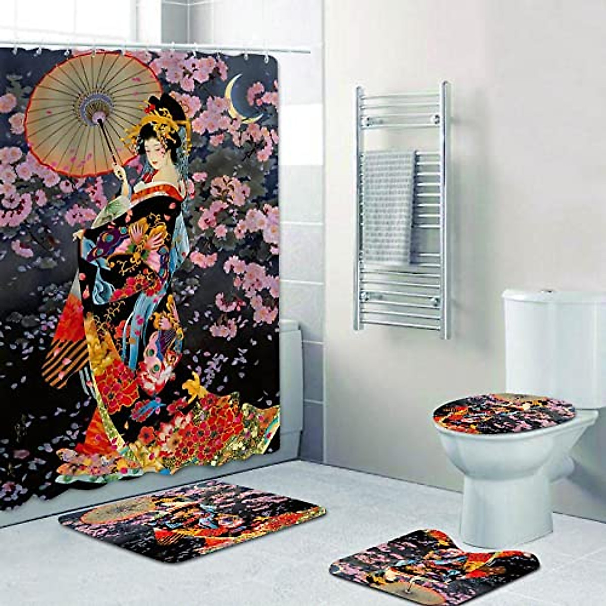 Lingquare 4Pcs/Set Shower Curtain Set in Home Bathroom Oriental Japanese Geisha Girl Bath Curtains Traditional Woman Art Mats Deco with 12 Hooks 71x71in