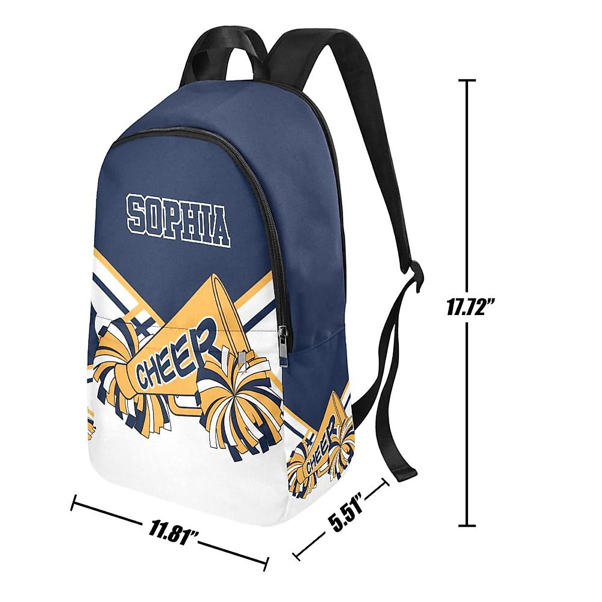 CUXWEOT Personalized Cheerleader Navy Gold White Backpack with Name Custom Travel Bag for women Men