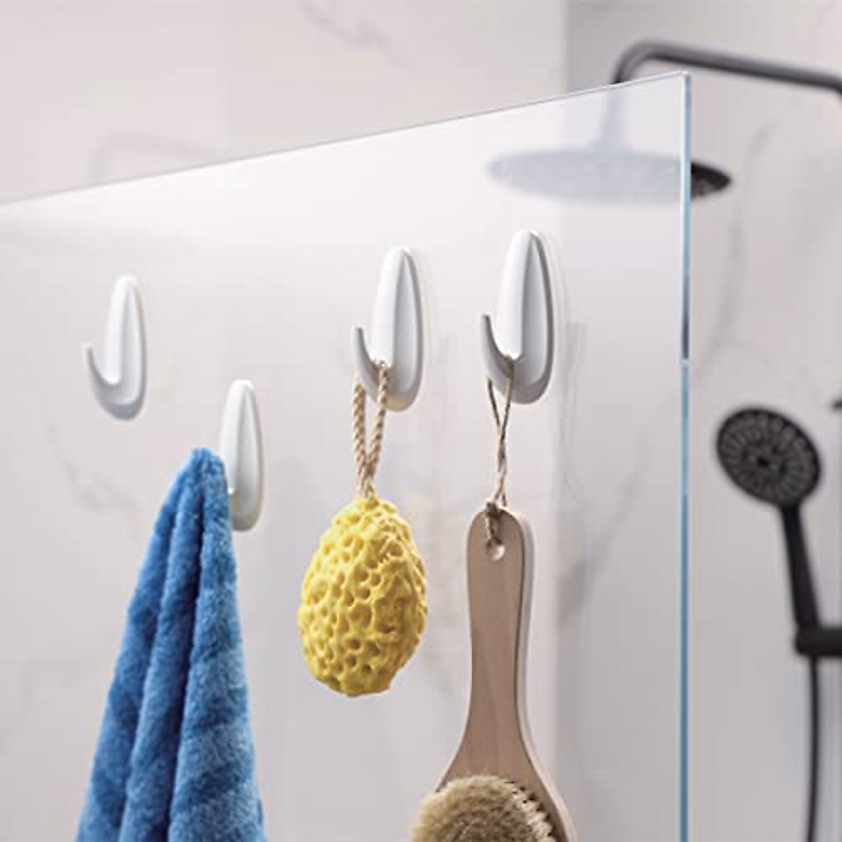 ALOCEO 12 Pcs Wall Hooks,Self Adhesive Hooks with 13 Clear Strips,White Plastic Sticky Hooks for Hanging,Towel Coat Hooks for Bathroom Shower Kitchen Keys Door Outdoor Home Improvement