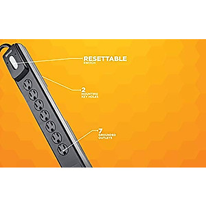Woods 41496 Surge Protector With Safety Overload Feature 7 Outlets And 10 Ft Cord For 1440J Of Protection, Black