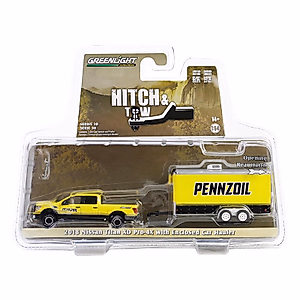 Collectibles Greenlight 32300-D Hitch & Tow Series 30-2018 Titan XD Pro-4X with Enclosed Car Hauler – Pennzoil 1:64 Scale Diecast