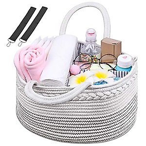 Shynek Rope Diaper Caddy Organizer Baby Diaper Caddy Basket Changing Table Diaper Nursery Basket with Removable Insert and Stroller Hooks Clips for Diaper Baby Shower Newborn Registry